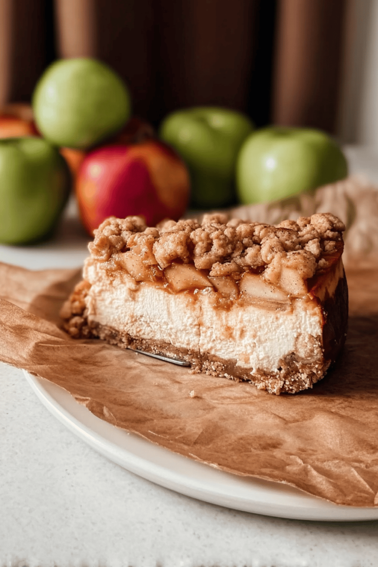 Apple Crumble Cheesecake with Caramel and Streusel Topping